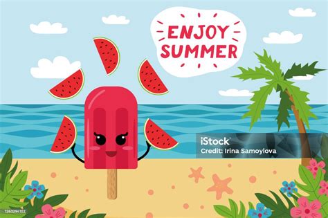 아이스크림과 수박 쾌활한 캐릭터 문자 여름 플랫 스타일 벡터 휴가 바다 해변 야자수 꽃 열대 잎 불가사리 해변 카드 포스터 재미있는 귀여운 과일에 대한 스톡 벡터 아트 및