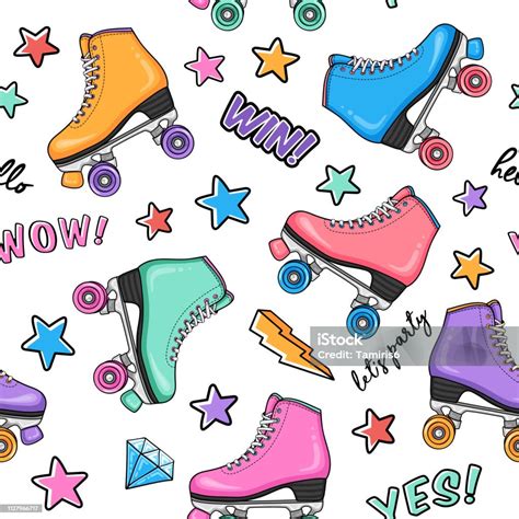 복고풍 다채로운 롤러 스케이트 별 섬광 다이아몬드와 타이 포 그래피 패션 완벽 한 패턴 롤러 스케이트에 대한 스톡 벡터 아트 및 기타 이미지 Istock