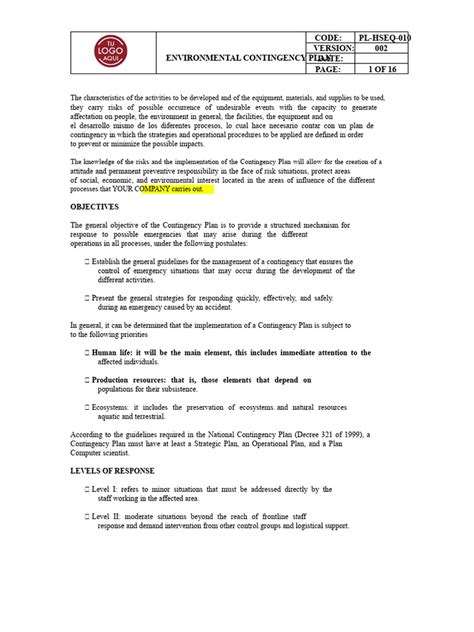 Environmental Contingency Plan Pdf Emergency Oil Spill