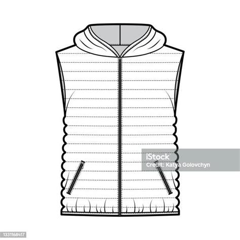 다운 베스트 퍼퍼 웨이스트코트 테크니컬 패션 일러스트와 민소매 후드 칼라 집업 클로저 힙 길이 0명에 대한 스톡 벡터 아트 및 기타 이미지 Istock