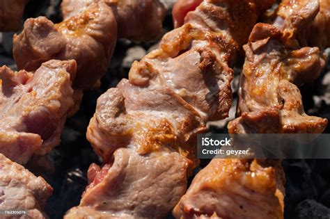향기로운 연기와 숯불 그릴에 금속 꼬치에 요리 돼지 고기 쉬쉬 케밥 클로즈업 뷰 맛있는 로스트 고기 조각에 대한 선택적 초점 0명에 대한 스톡 사진 및 기타 이미지 Istock