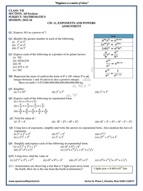 Class 7 Math Ch 11 Exponents And Powers Worksheet Pdf