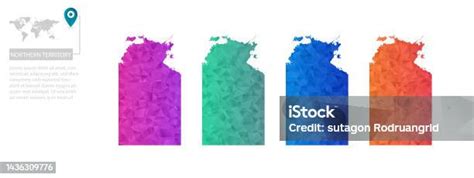 벡터 다각형 노던 테리토리 지도 집합입니다 낮은 폴리 스타일의 국가의 밝은 그라데이션 지도 인포그래픽을 위한 기하학적 스타일의 여러 가지 빛깔의 국가 지도 당신을 위한