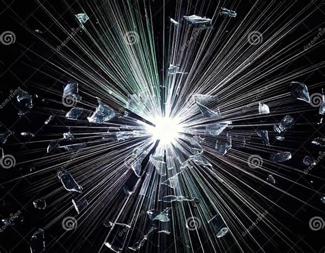 Shattered Glass Pieces Exploding From Bright Light Source On Black