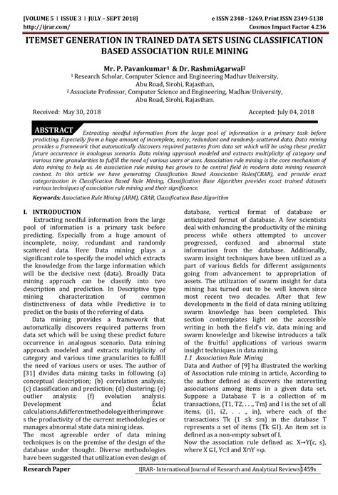 Pdf Itemset Generation In Trained Data Sets Using Classification Based Association Rule Mining