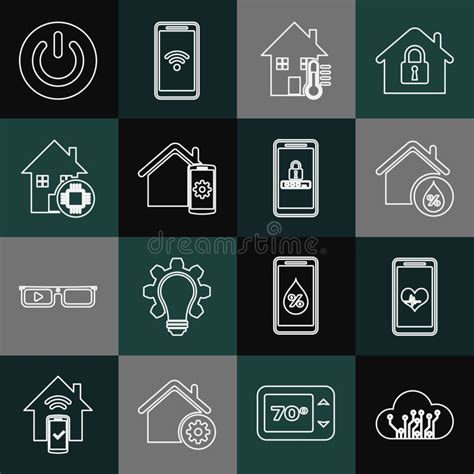 Set Line Internet Of Things Mobile With Heart Rate House Humidity Temperature Smart Home