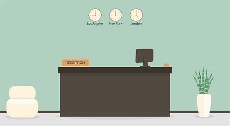 호텔이나 은행 접수 업무에 빈 리셉션 데스크 대기실 비즈니스 오피스의 홀 가구가있는 현대적인 인테리어 고객을위한 안락 의자 벡터 일러스트레이션 가구에 대한 스톡 벡터 아트