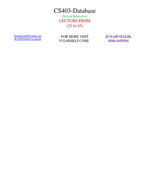 Cs403 Solved Subjective Final Term By Junaid Pdf Database Index Databases