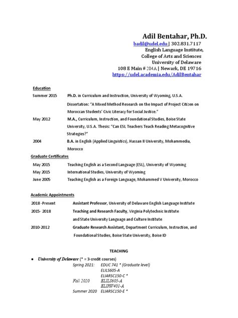 Cv Resume Adil Bentahar Updated April 2021 Pdf English As A Second Or Foreign Language