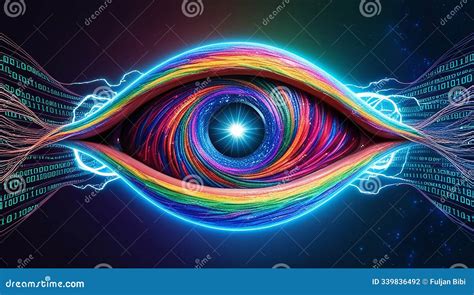 Human Iris Made Of Rainbow Colored Lines Surrounded By Binary Code And
