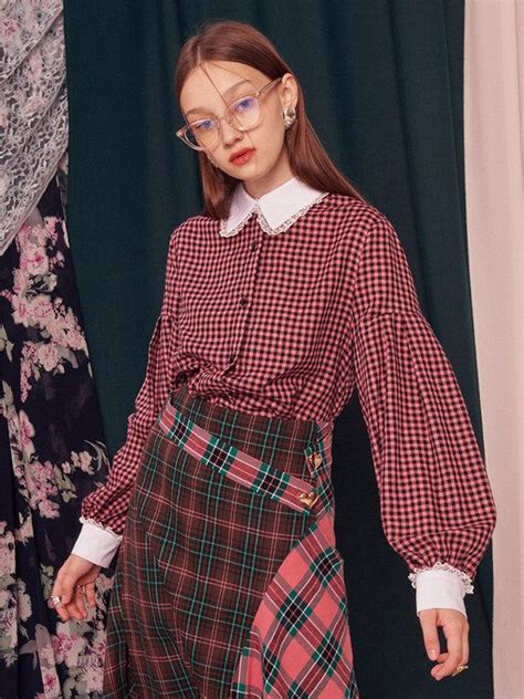 Vvv브이브이브이 깅엄 체크 퍼프 소매 블라우스핑크 패션 스타일 깅엄 패션