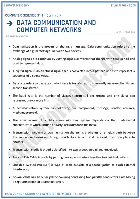 Data Communication And Computer Networks Chapter Summary Computer Science 9th