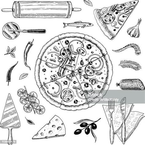 치즈와 피자의 집합입니다 토마토 해산물 올리브와 가지와 함께 맛 있는 이탈리아 채식 요리 요리 재료 레스토랑 메뉴에 대 한 스케치 손으로 그린 된 템플릿입니다 빈티지