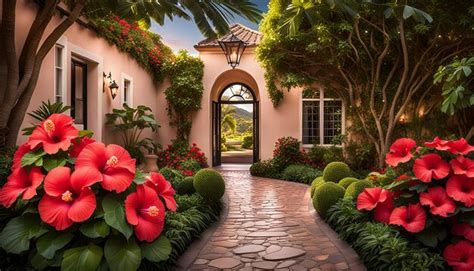 Hibiscus And Garden Pathway Premium Ai Generated Image