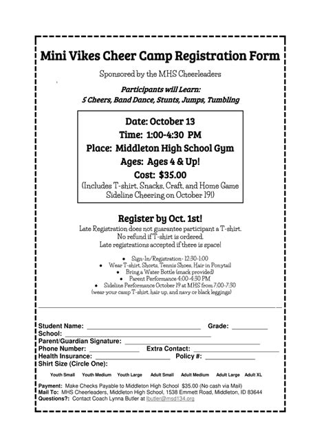 Mini Vikes Cheer Camp Registration Form Fill Out And Sign Online Dochub