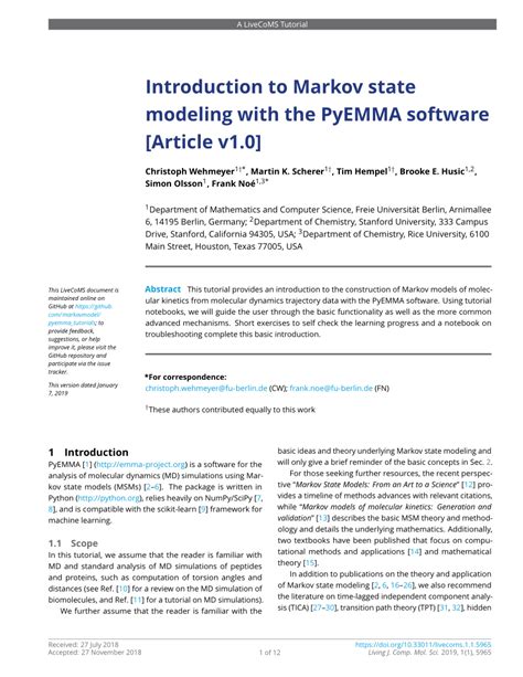 Pdf Introduction To Markov State Modeling With The Pyemma Software [article V1 0]