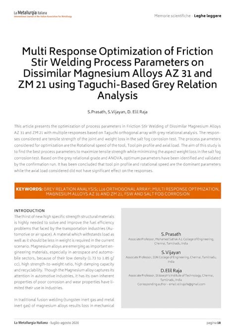 Pdf Multi Response Optimization Of Friction Stir Welding La Metallurgia Italiana Luglio