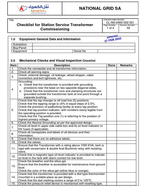 Cl Ng 6460 002 021 Checklist For Station Service Transformer Commissioning Rev02 Pdf