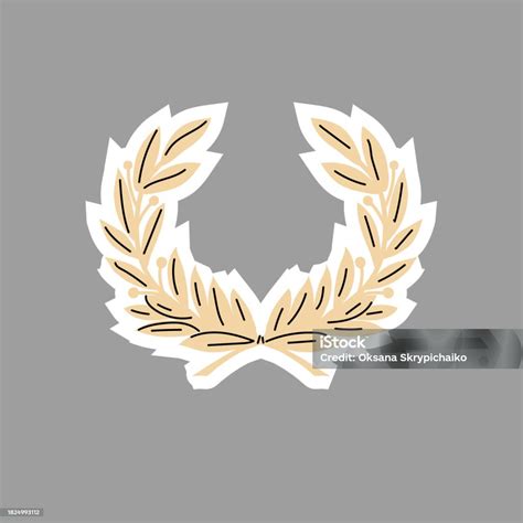 월계관 스티커 고대 그리스의 고립된 승리의 상징 선이 있는 베이지 색의 두 개의 월계수 가지의 그리스 요소 손으로 그렸습니다 벡터 일러스트 레이 션입니다 0명에 대한 스톡