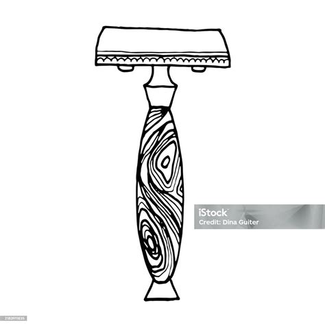 나무 손잡이가 있는 안전 면도 면도기 간단한 손으로 그린 스케치 요소가 클로즈업됩니다 조각 스타일 로고 타입 이발소 장비 개념 19세기 스타일에 대한 스톡 벡터 아트 및