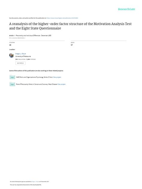 A Reanalysis Of The Higher Order Factor Structure Pdf Factor Analysis Validity Statistics