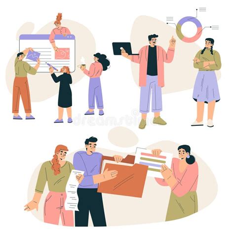 Business Concept With Man And Woman Character Engaged In Workflow Deal With Project Vector Set