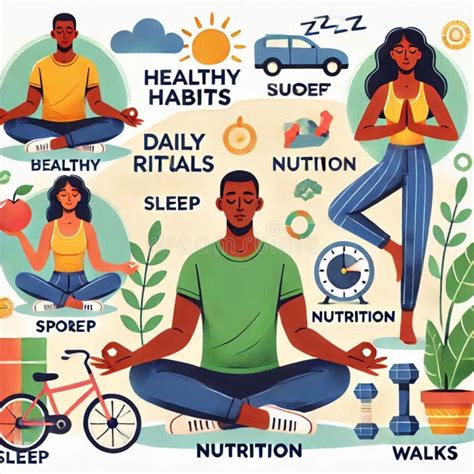 Illustration Of Healthy Living Habits Including Yoga Nutrition And