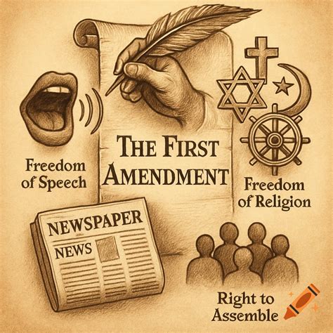 Sepia Sketch Illustrating The First Amendment With Symbols For Speech Religion Press And