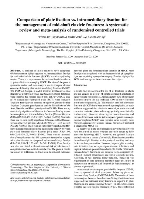 Pdf Comparison Of Plate Fixation Vs Intramedullary Fixation For The Management Of Mid‑shaft