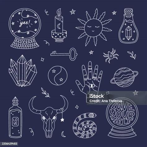 사랑스러운 흑백 요술과 수수께끼 세트 만화 손으로 그린 마법의 수정 구슬 보석 태양 상징 암소의 두개골 뱀 사랑의 물약 귀여운 벡터 난해한 낙서 문신 인쇄 미디어 감시에