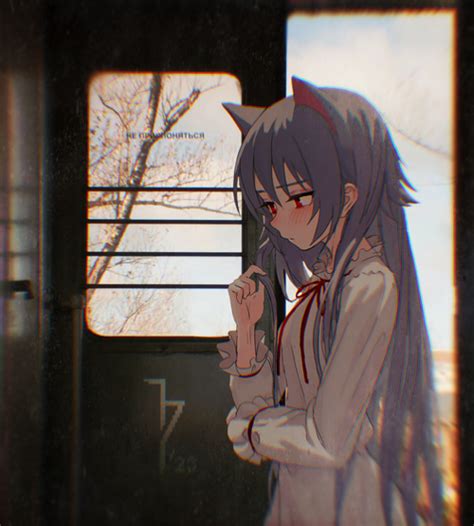 Blushing Train Red Eyes Cat Ears Cat Girl Purple Hair Door Animeirl Hd Phone Wallpaper