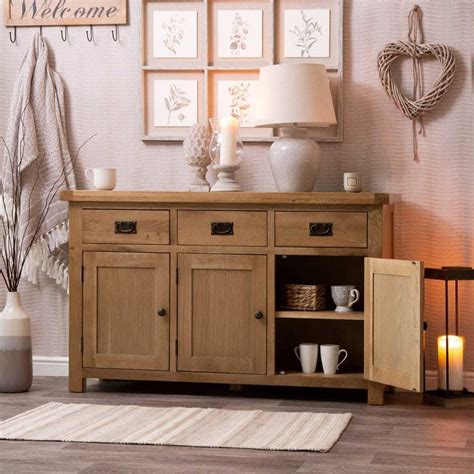 Large Natural Rustic Oak Wooden Sideboard Kitchen Organizer Cabinet
