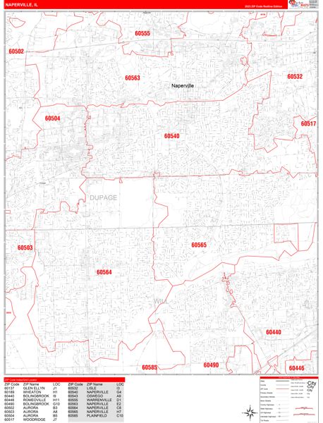 Naperville Illinois Zip Code Wall Map Red Line Style By Marketmaps