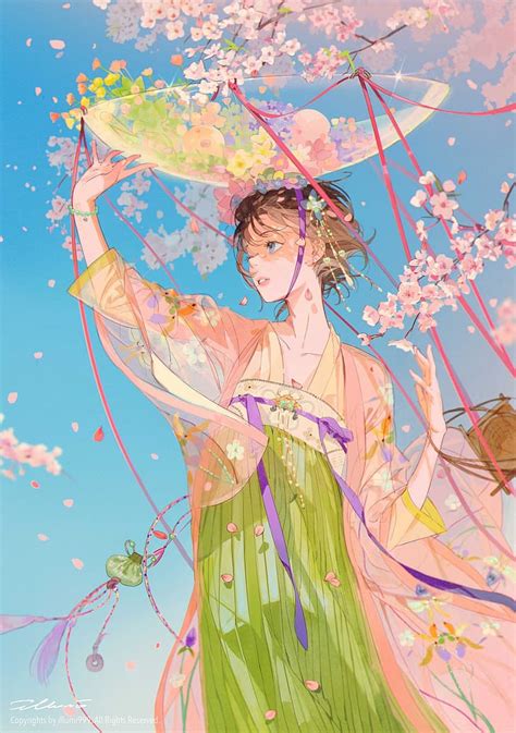 애니메이션 소녀들 세로보기 벚꽃 꽃들 핑크 꽃 짧은 머리 갈색 머리의 머리 장식 파란 눈 멀리보고 중국 의류 Hd 배경 화면 Wallpaperbetter