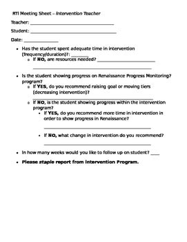 RTI Intervention Teacher Documentation Sheet By Data Driven Designs