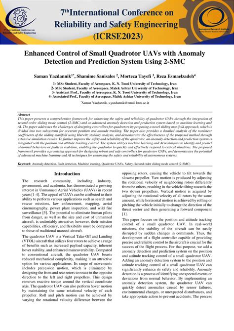 Pdf Enhanced Control Of Small Quadrotor Uavs With Anomaly Detection