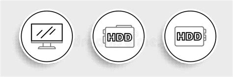 Set Line Hard Disk Drive Hdd Computer Monitor Screen And Icon Vector Stock Vector