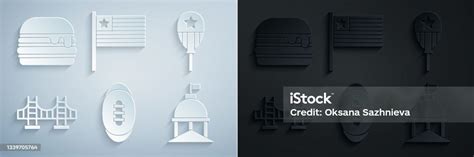 미국 축구 공 풍선 골든 게이트 브리지 백악관 플래그와 버거 아이콘을 설정합니다 벡터 3차원 형태에 대한 스톡 벡터 아트 및 기타 이미지 Istock