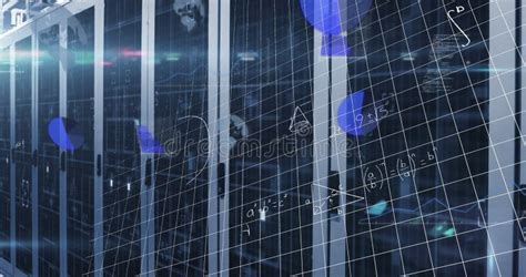 Animation Of Mathematical Equations And Data Processing Against Empty Computer Server Room Stock