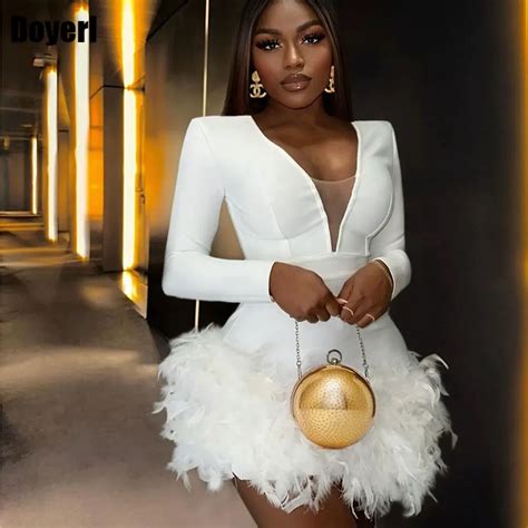 White Elegant Short Party Dresses Women Evening Feather Hem Long Sleeve