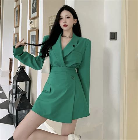 투피스 오버 사이즈 블레이저 스커트 세트 긴 소매 버튼 자켓 가을 2022 코트 A 라인 미니 스커트 한국 오피스 2 피스 그린 블랙 Aliexpress