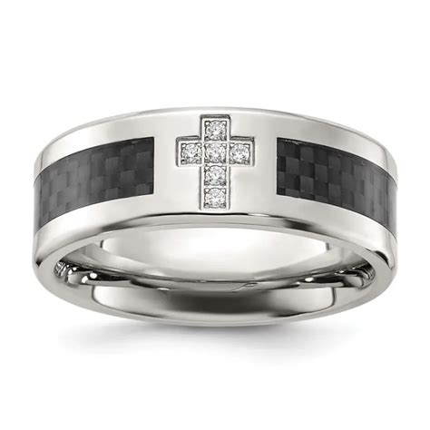 Sterling Silver Chisel Polished With Black Carbon Fiber Inlay Cz Cross Band