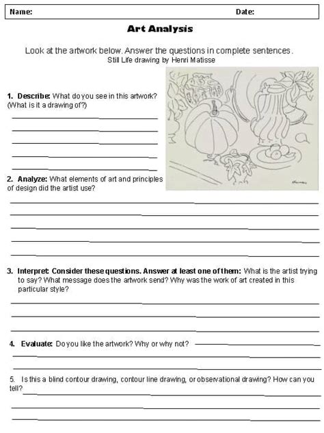 Art Analysis Worksheet Henri Matisse Drawing By Art Spark Tpt