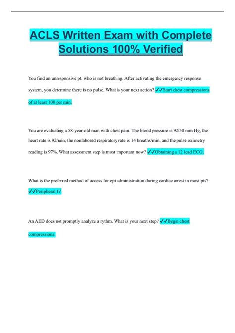Acls Written Exam With Complete Solutions 100 Verified Acls Stuvia Us