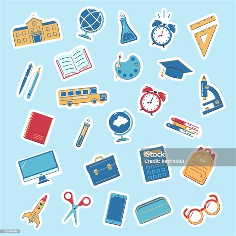 학교에 다시 스티커의 집합입니다 파란색 배경의 교육 아이콘입니다 스티커에 대한 스톡 벡터 아트 및 기타 이미지 스티커 교육 대학교 Istock