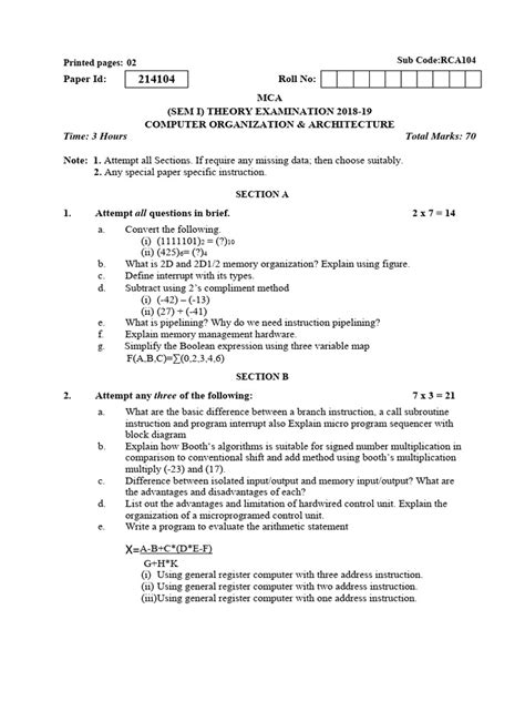 mca 1 sem computer organization and architecture rca104 2019 pdf
