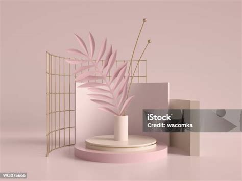 3d 렌더링 기본 도형 기하학적 추상 배경 실린더 연단 템플릿 장미 금 금속 그리드 야 자 잎 쇼케이스 상점 디스플레이 블러 쉬