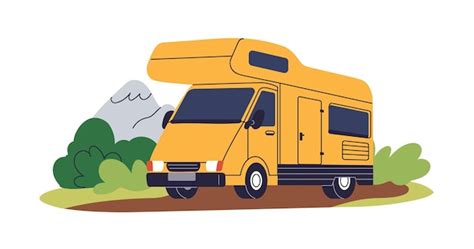 오토바이 휴가 캠퍼 도로에 Rv 관광 캠퍼 밴 모험을위한 레크리에이션 트럭 운송 차량 여름 오토 모터 홈 색 배경에 고립 된 평평한 터 일러스트 프리미엄 벡터