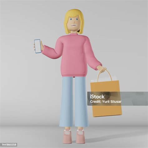 3d 캐릭터 소녀 판매 패션 쇼핑백 흰색 배경 3d 렌더링 금발 젊은 여성과 스마트 폰 화면 모형 가방에 대한 스톡 사진 및 기타 이미지 Istock