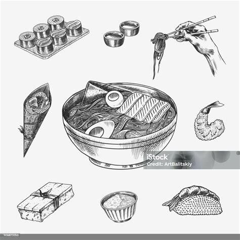 일본 음식 세트 스시 바 라면 그릇에 수프 롤과 디저트 아시아 차 간장 손에는 젓가락이 있습니다 그려진 새겨진 스케치 흑백 낙서 스타일 벡터 일러스트 레이 션